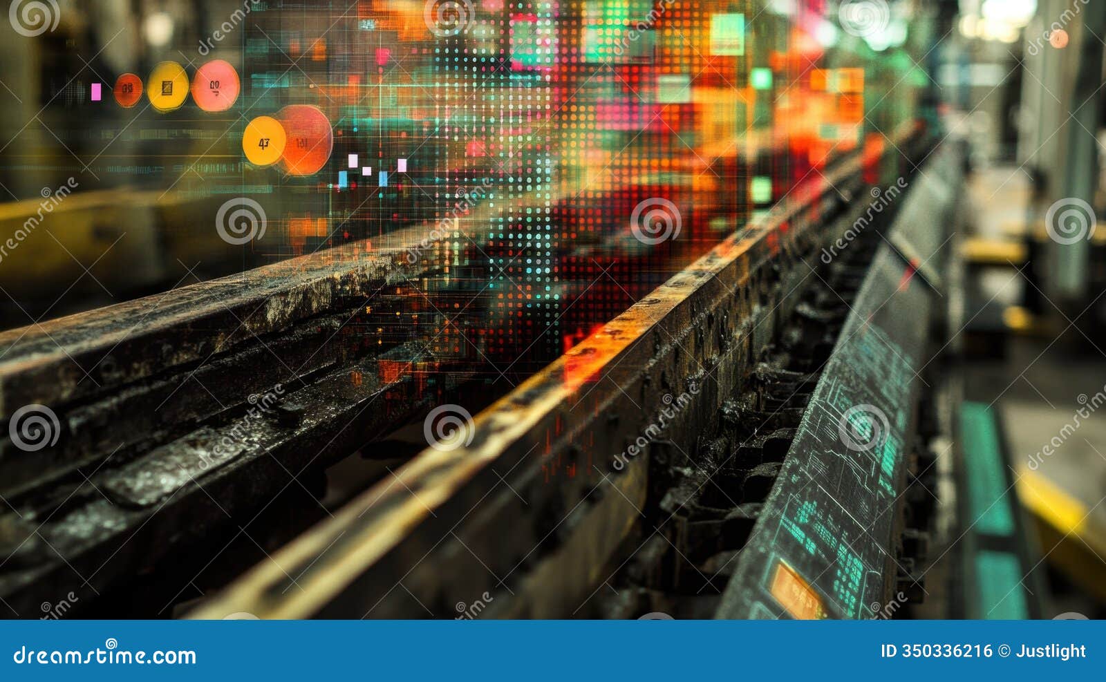 A Dusty Manufacturing Assembly Line Machine with an Overlay of Colorful ...