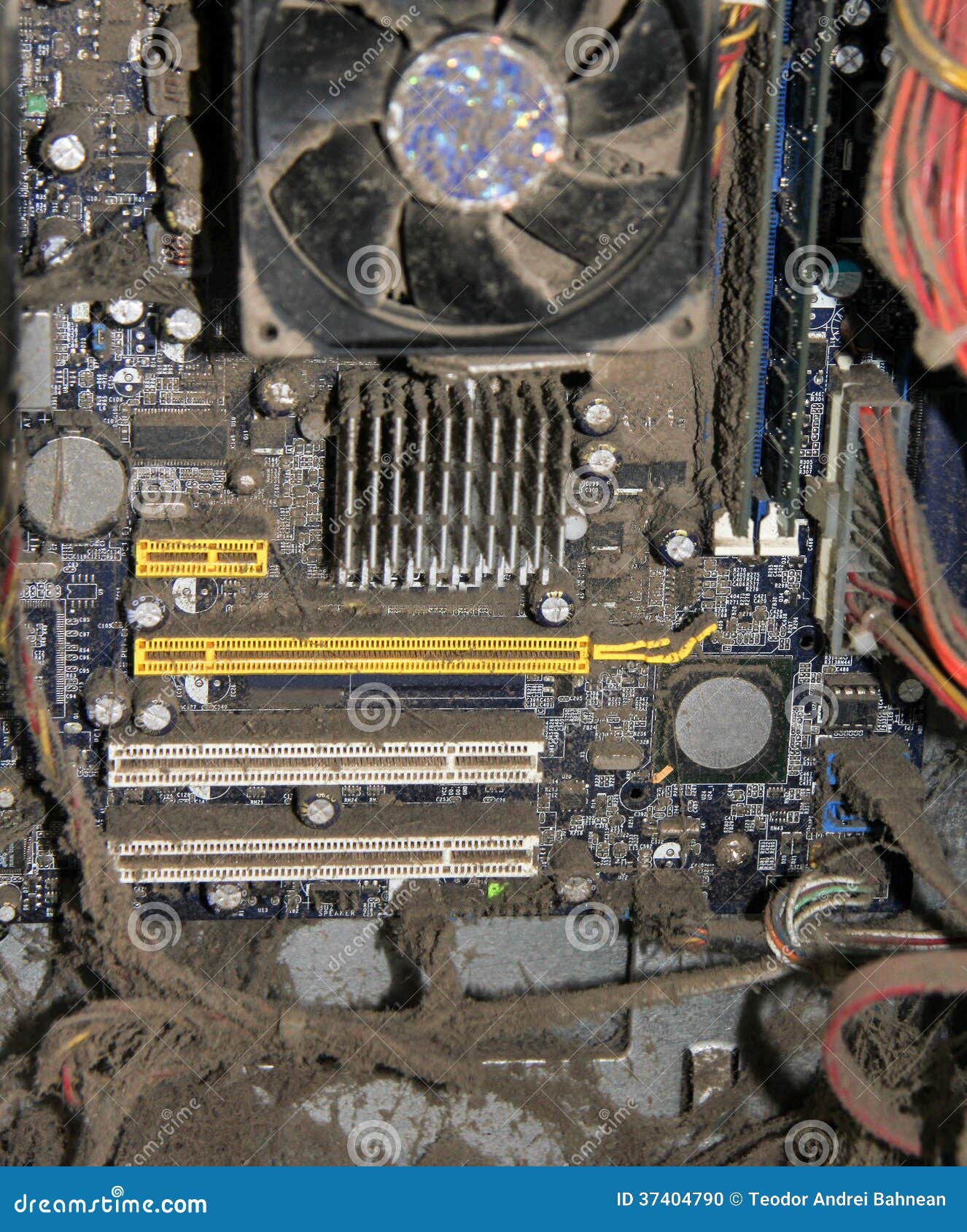 Dusty Motherboard Close Up. Circuit Board With Dust And Defects. Micro ...