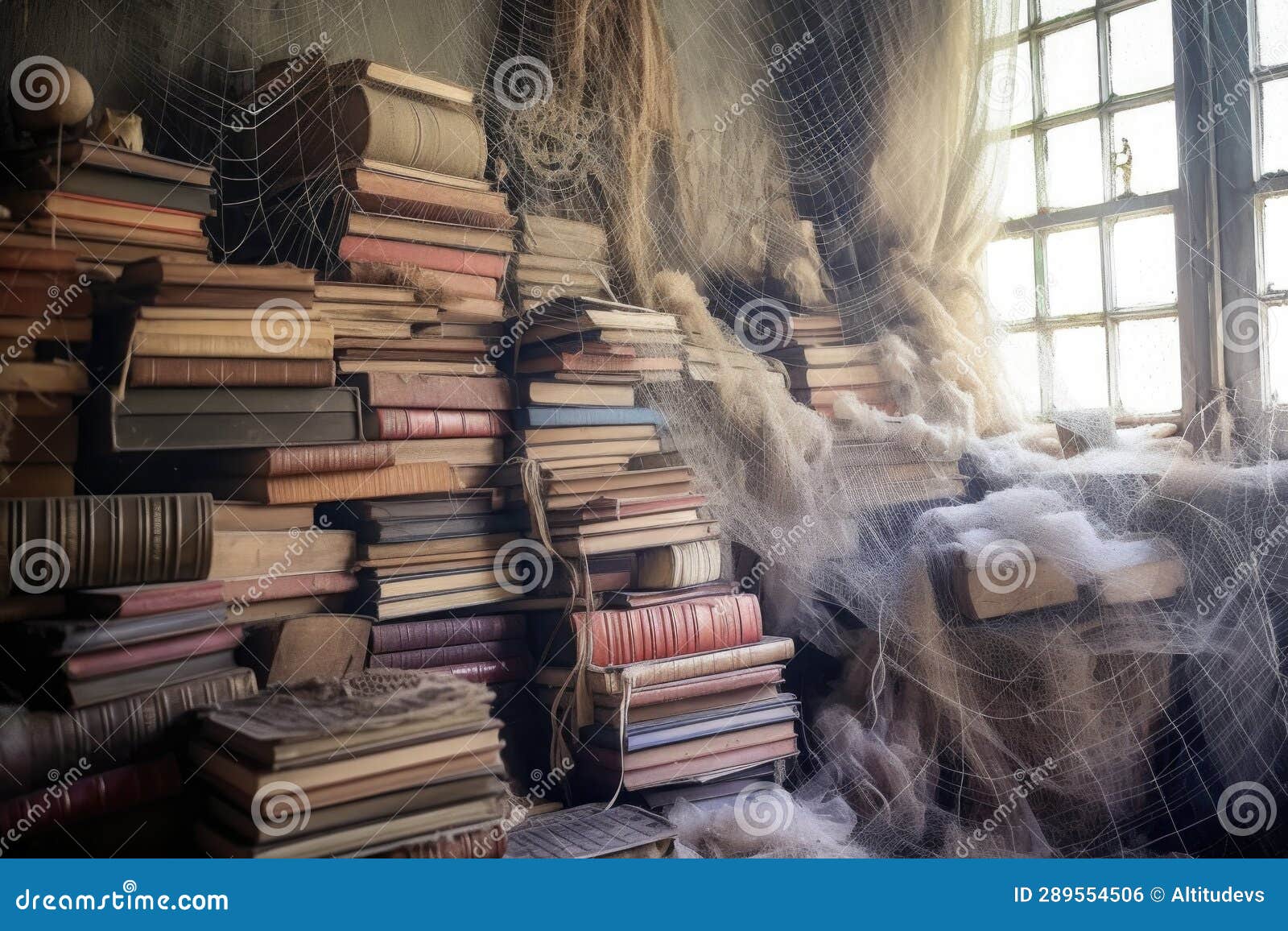 Dusty Old Books Stacked on a Cobweb-covered Shelf Stock Illustration ...