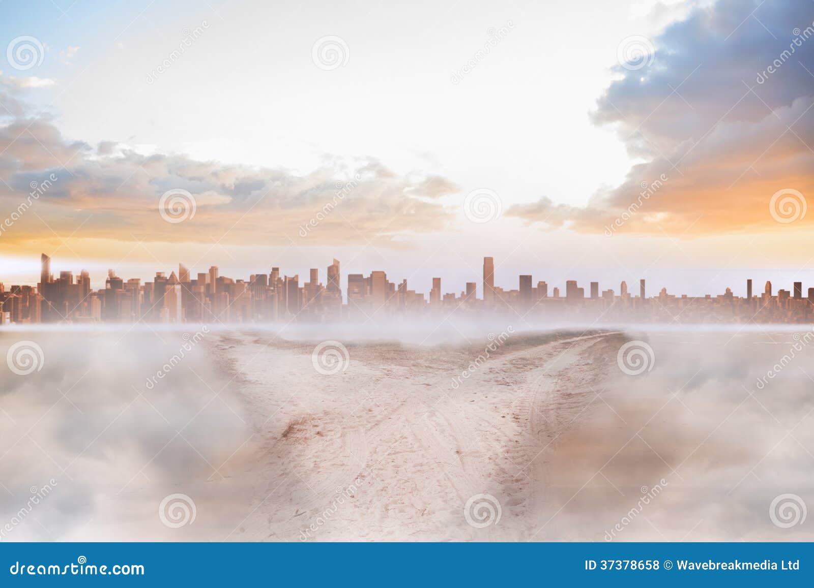 Dusty Path in Desert Leading To City Stock Illustration - Illustration ...