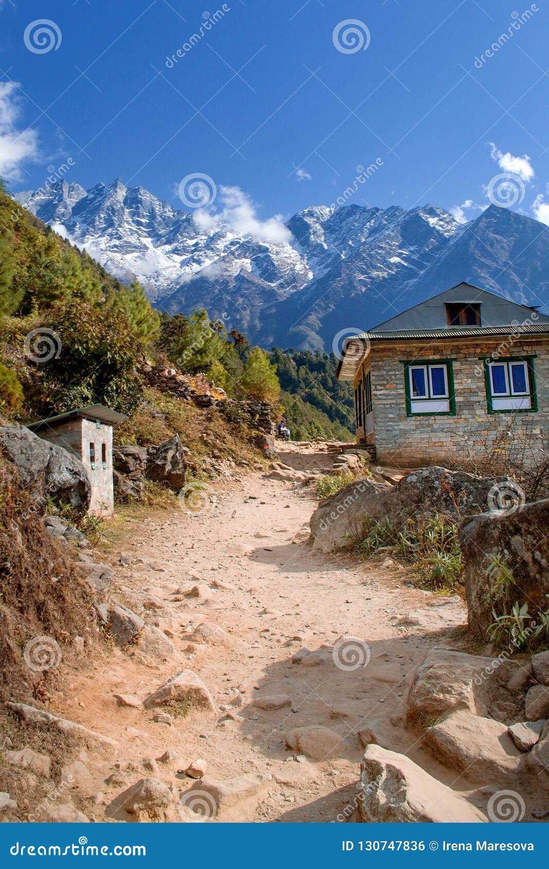 Dusty path in Himalayas stock photo. Image of phakding - 130747836