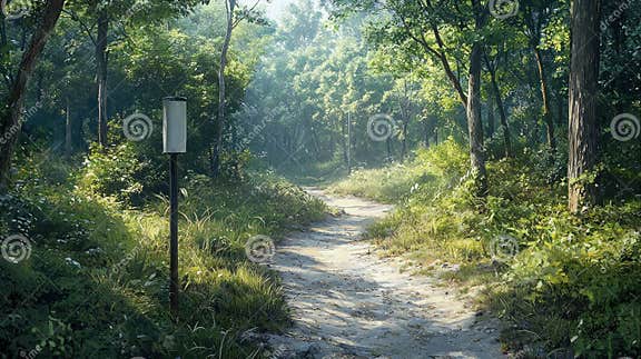 A Dusty Path Leads through the Forest with Sunlight Filtering through ...