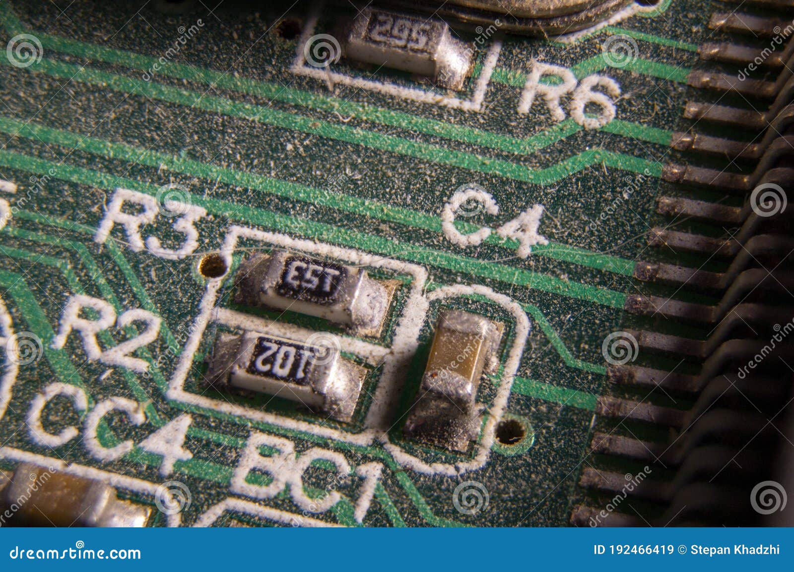 Dusty Printed Circuit Board with Components . Macro Stock Image - Image ...