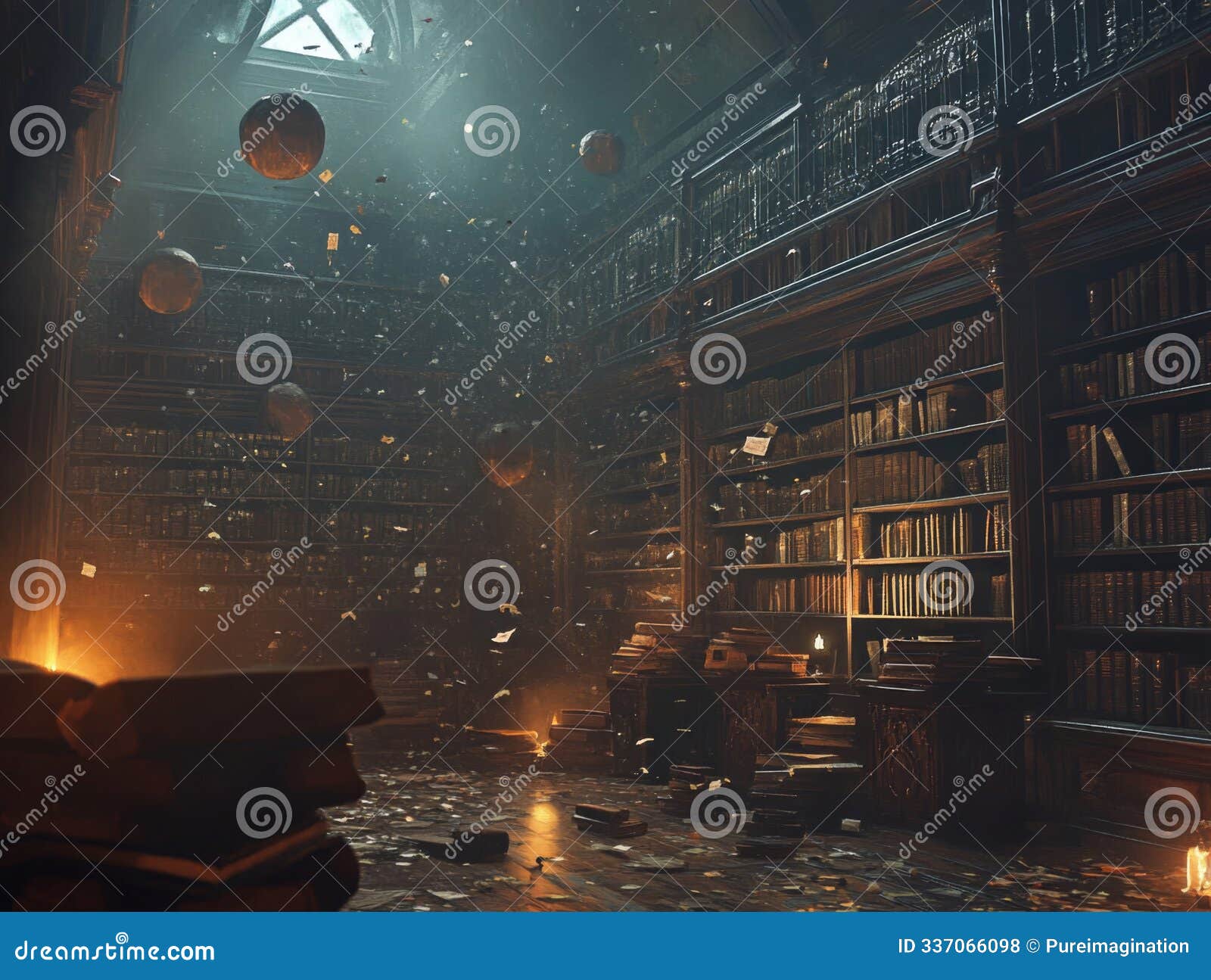 A Dusty, Sunlit Library with Stacks of Books and Floating Orbs Stock ...