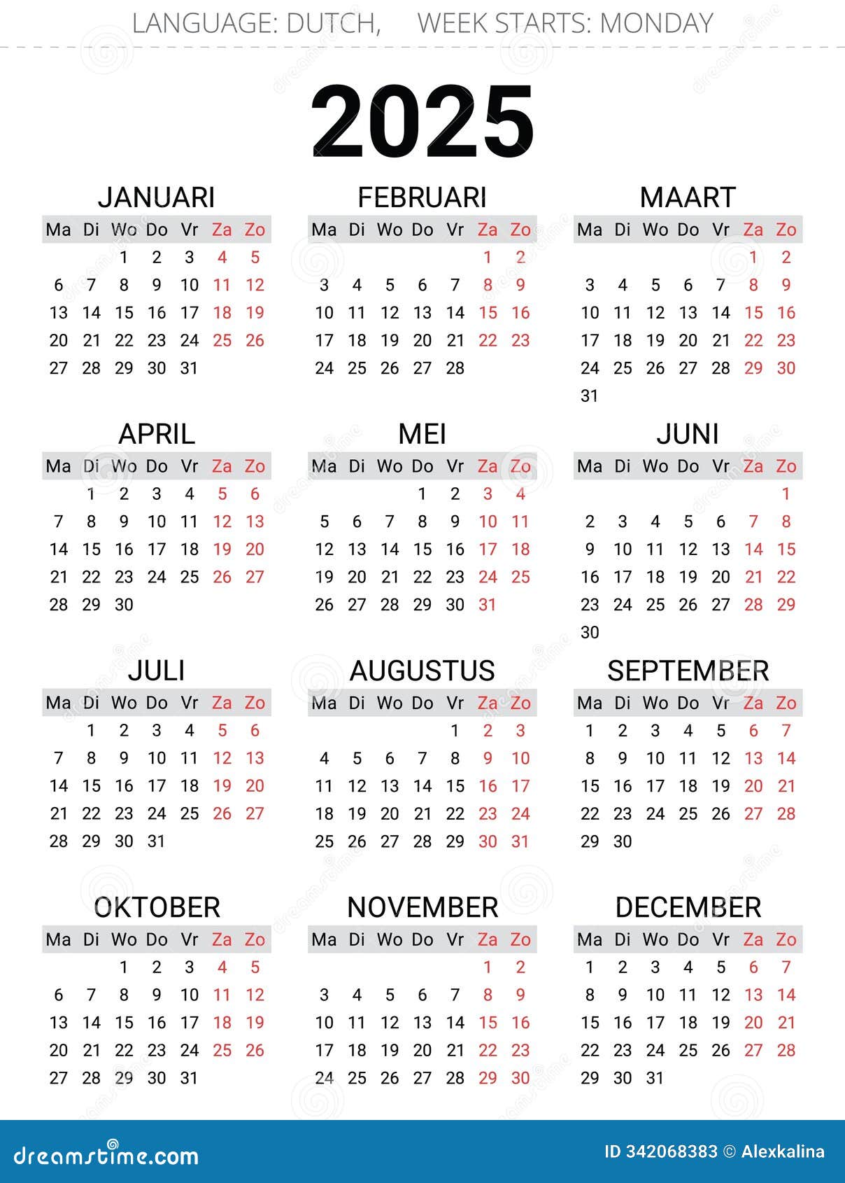 2025 Dutch Calendar. Printable, Editable Vector Illustration Dutch. 12 ...