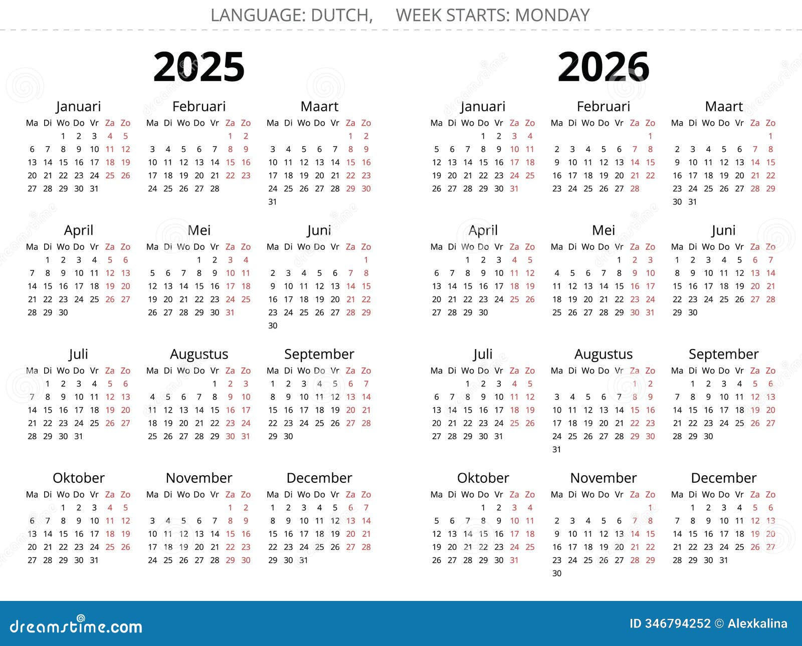 2025 and 2026 Dutch Calendars. Vector Illustration for Dutch Stock ...