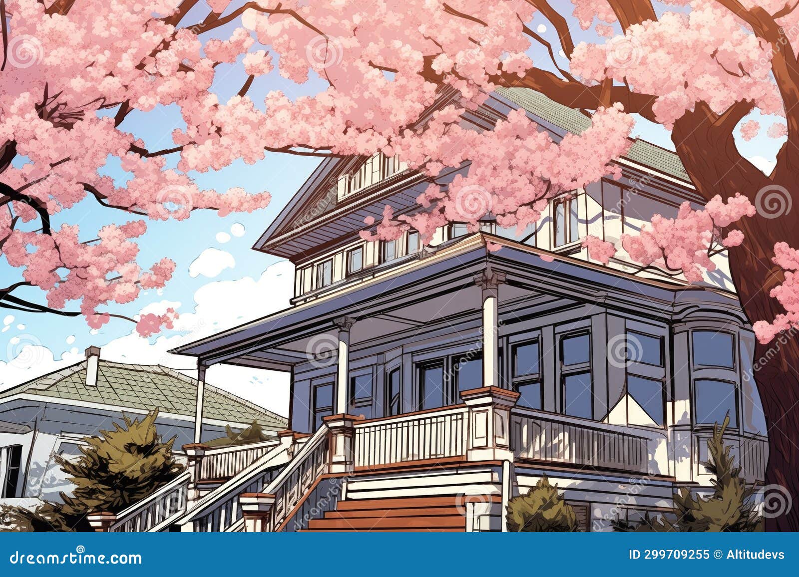 Dutch Colonial, Flared Eave, Cherry Blossom Tree in Foreground ...