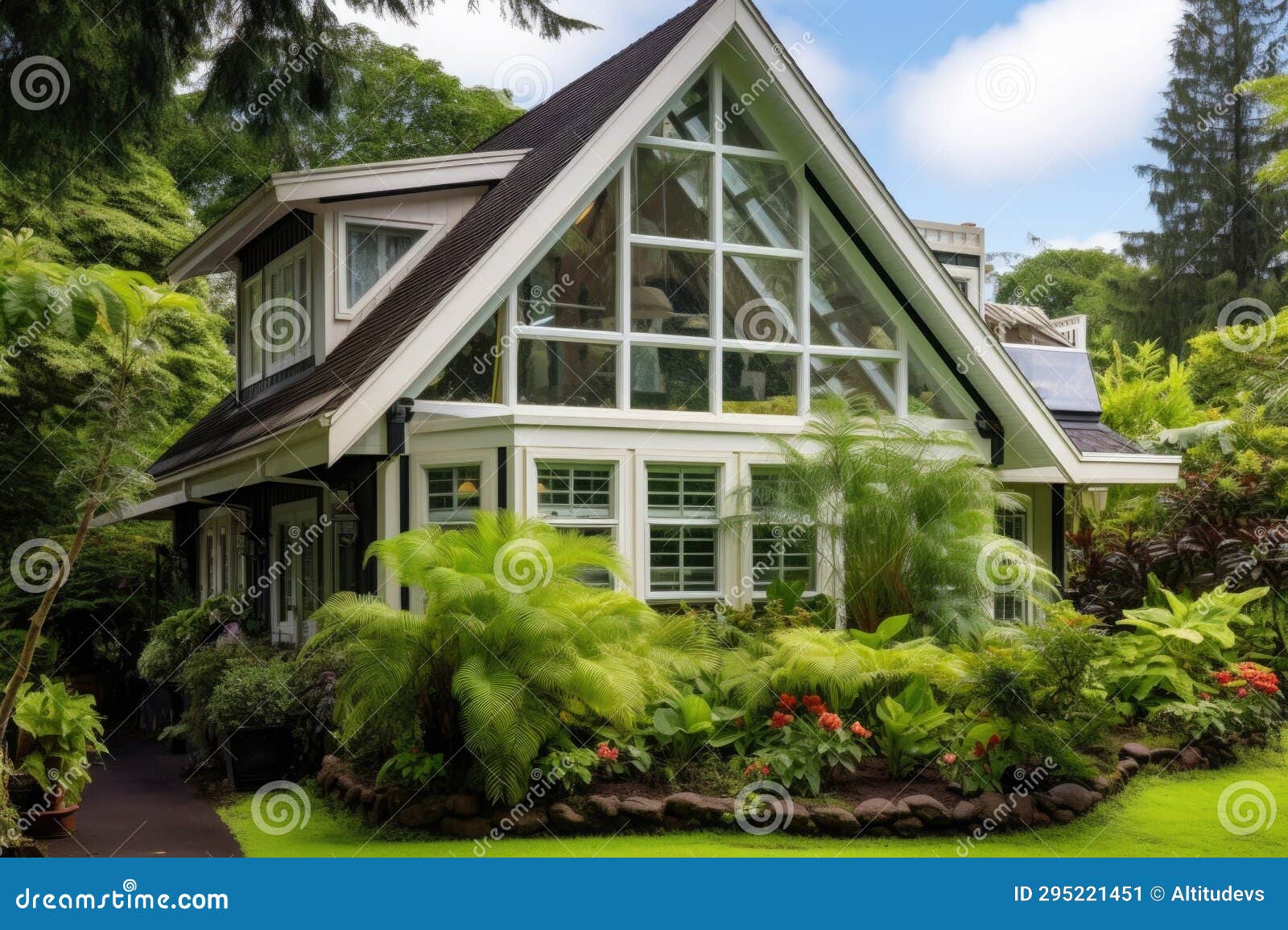 Dutch Colonial Home with Dormer Windows Nestled among Lush Greenery ...