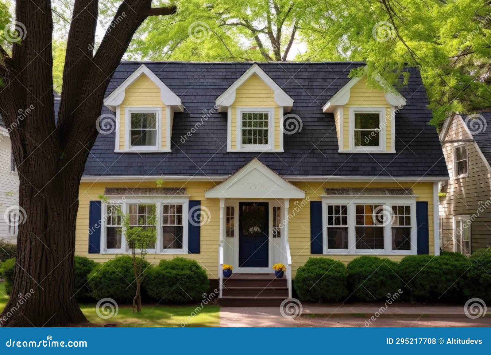 Dutch Colonial Home with Several Dormer Windows, Framed by Trees Stock ...
