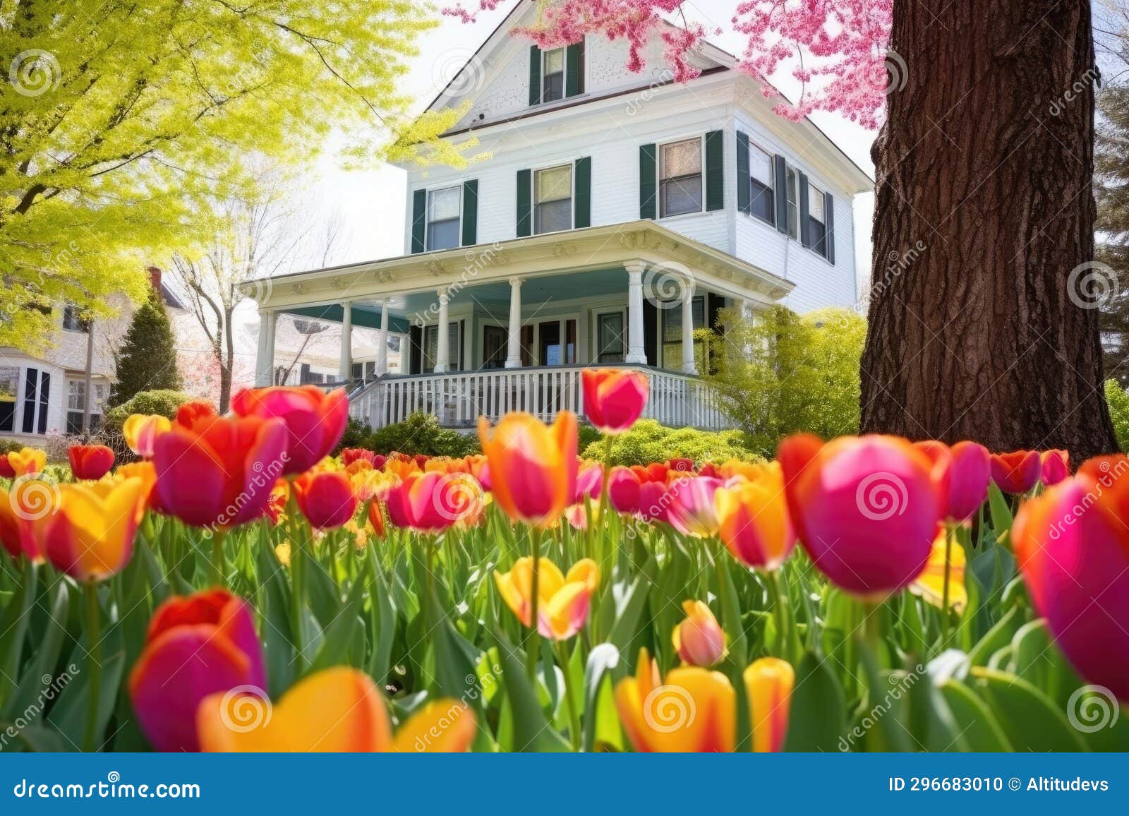 A Dutch Colonial Home beside a Tulip Field Stock Photo - Image of ...