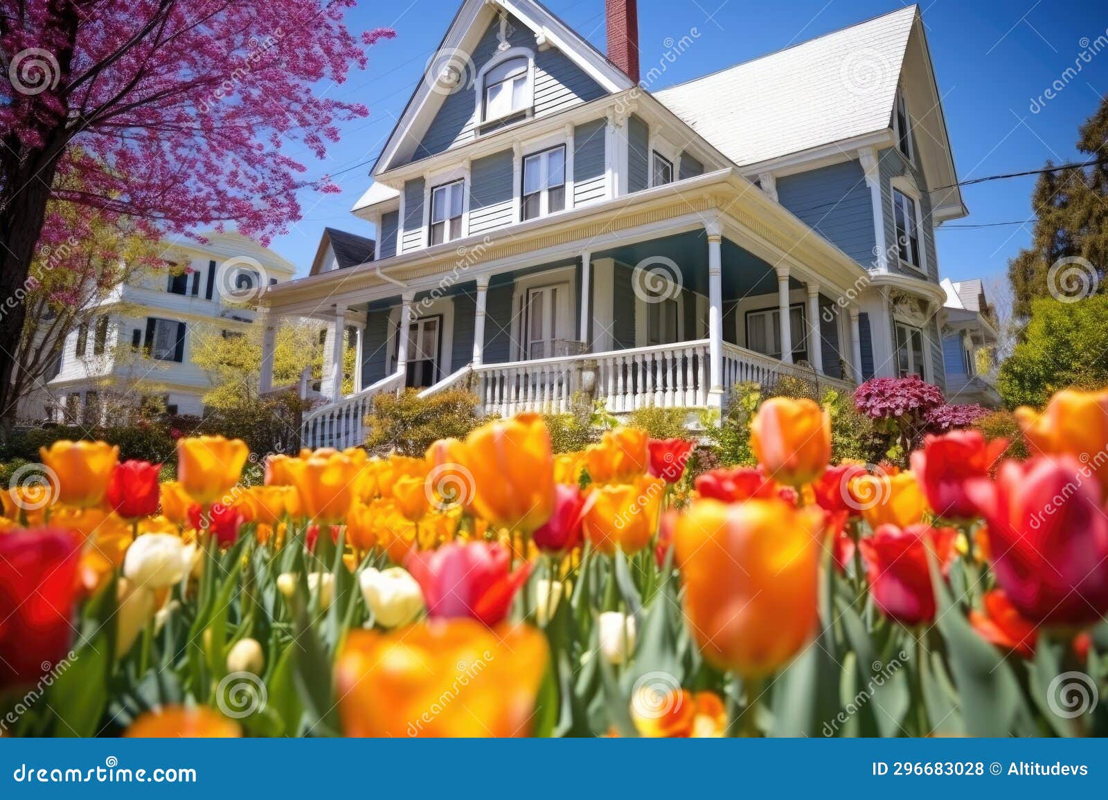 A Dutch Colonial Home beside a Tulip Field Stock Photo - Image of ...