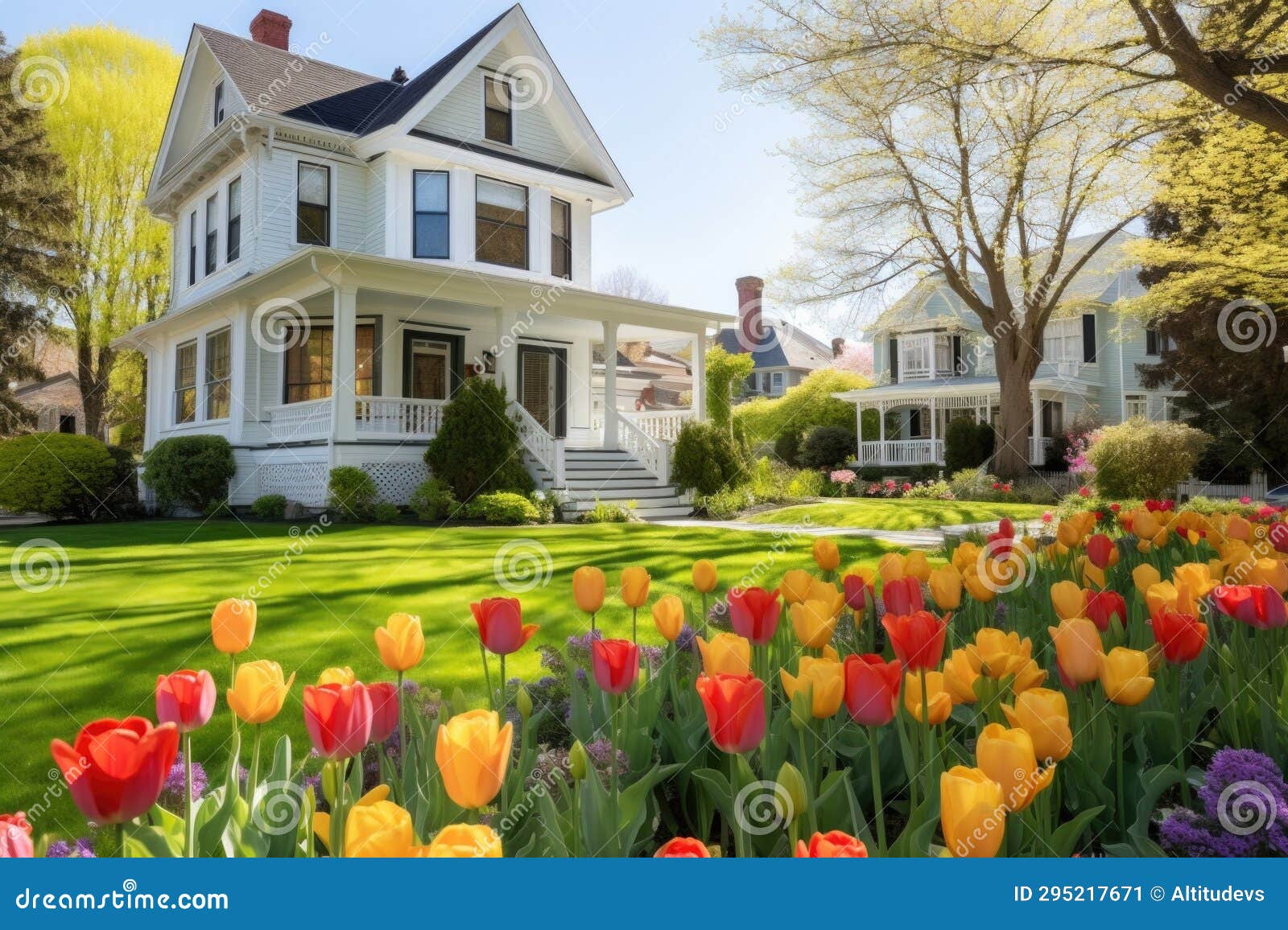 Dutch Colonial House with Blooming Tulips in the Front Yard Stock Image ...