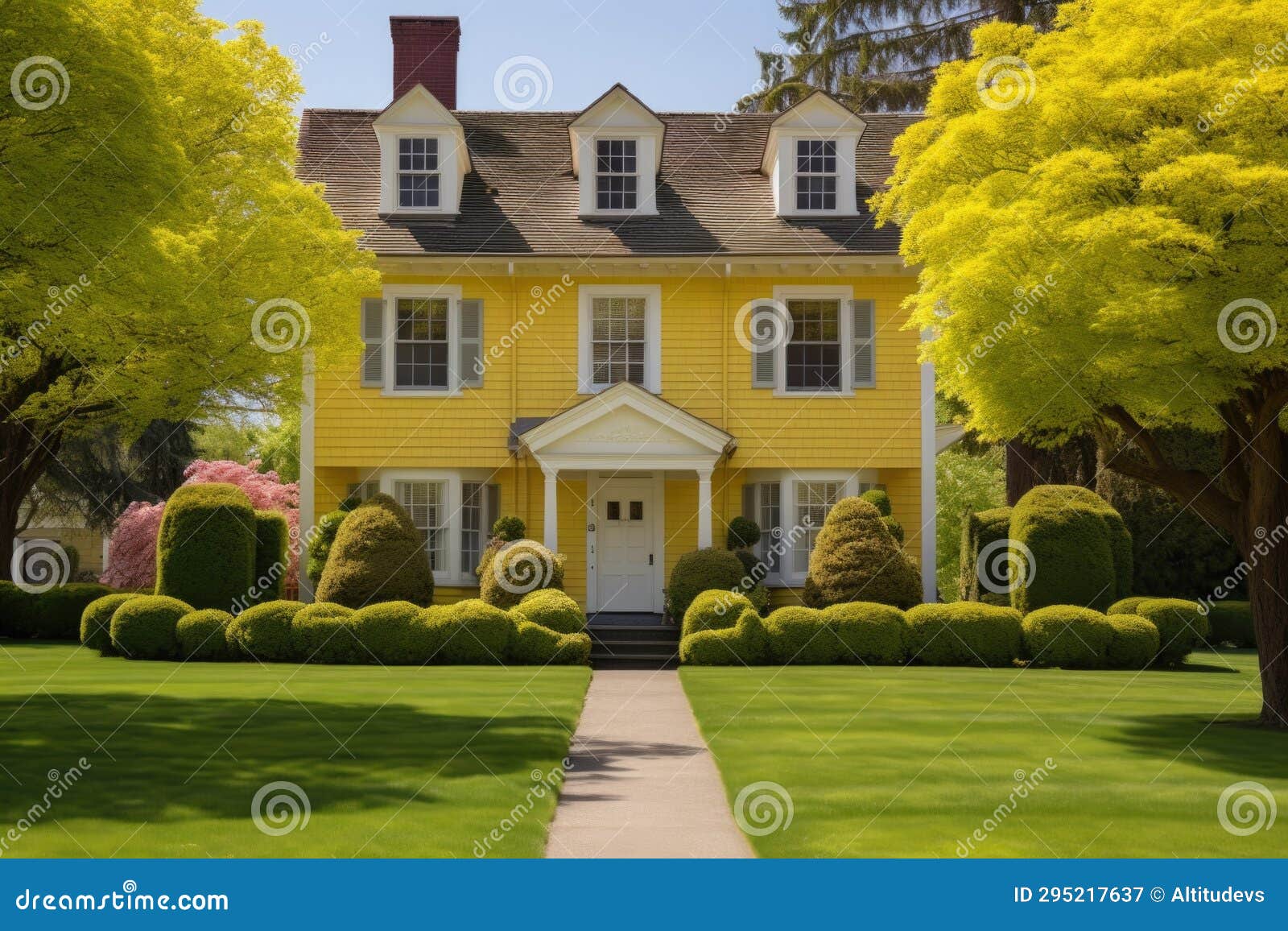 Dutch Colonial House, Yellow, Flared Eave, Manicured Hedges Stock Image ...