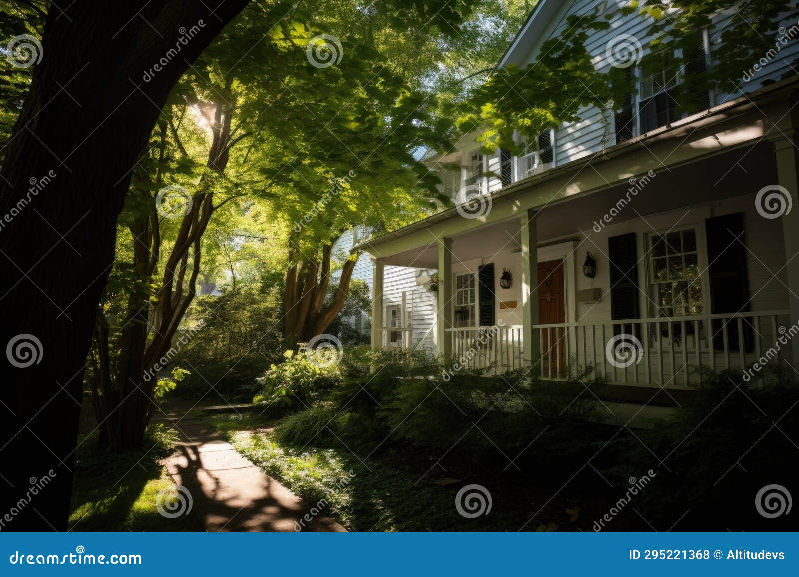 Dutch Colonials Flared Eave, Sunlight Filtering through Leafy Trees ...