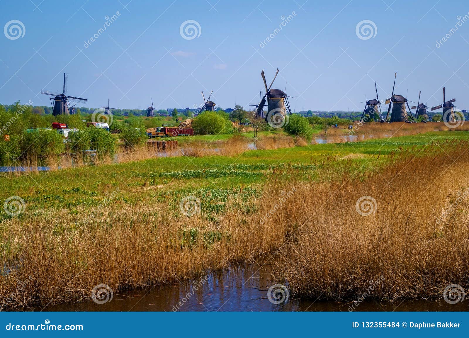 Dutch Polder Landscape with Windmills Stock Photo - Image of attraction ...