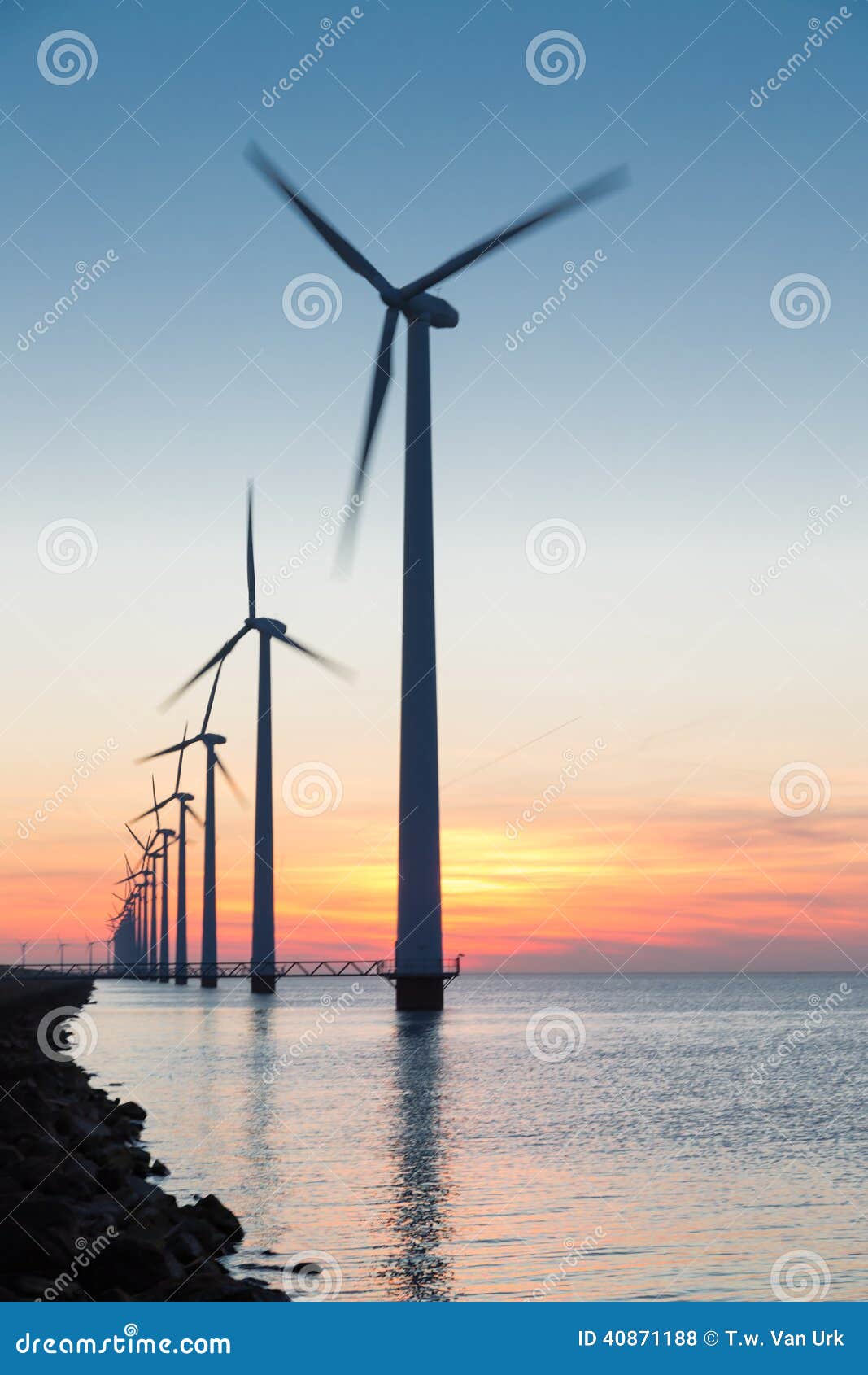 Dutch Row Offshore Wind Turbines at Beautiful Sunset Stock Photo ...