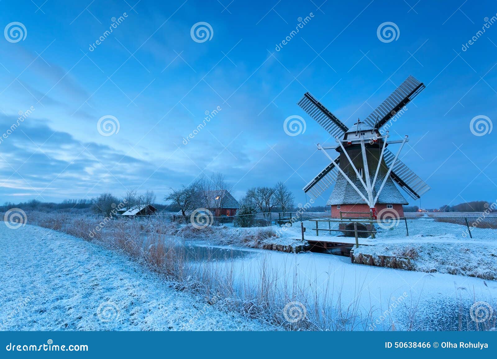Dutch Windmill on Snow in Winter Dusk Stock Photo - Image of scenery ...