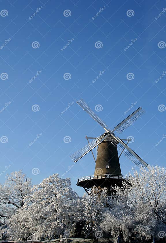 Dutch windmill in winter stock image. Image of january - 6369571