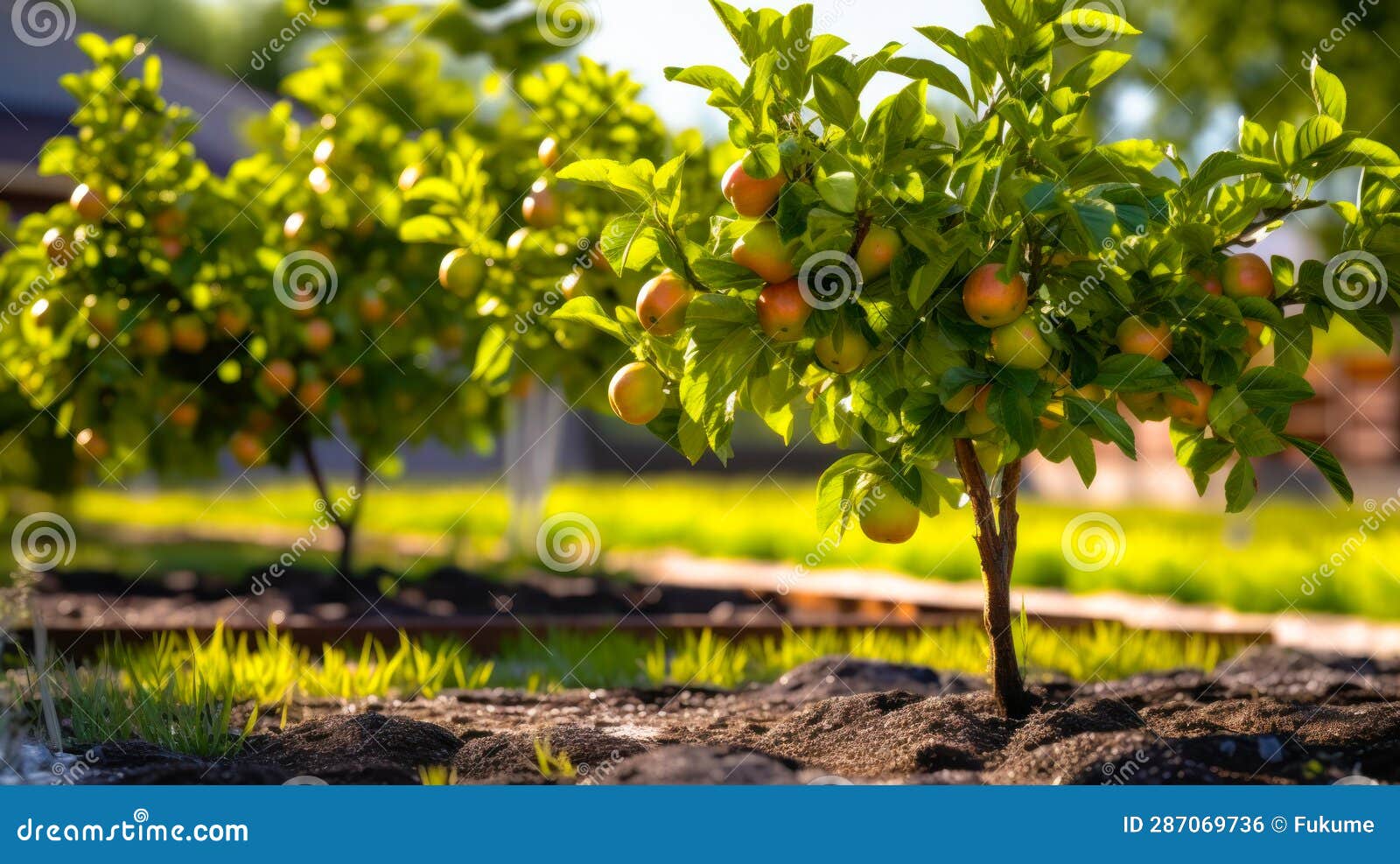 Dwarf Columnar Green Apple Trees In The Garden Generative Ai Royalty ... Dwarf Columnar Green Apple Trees In The Garden Generative Ai Royalty ...