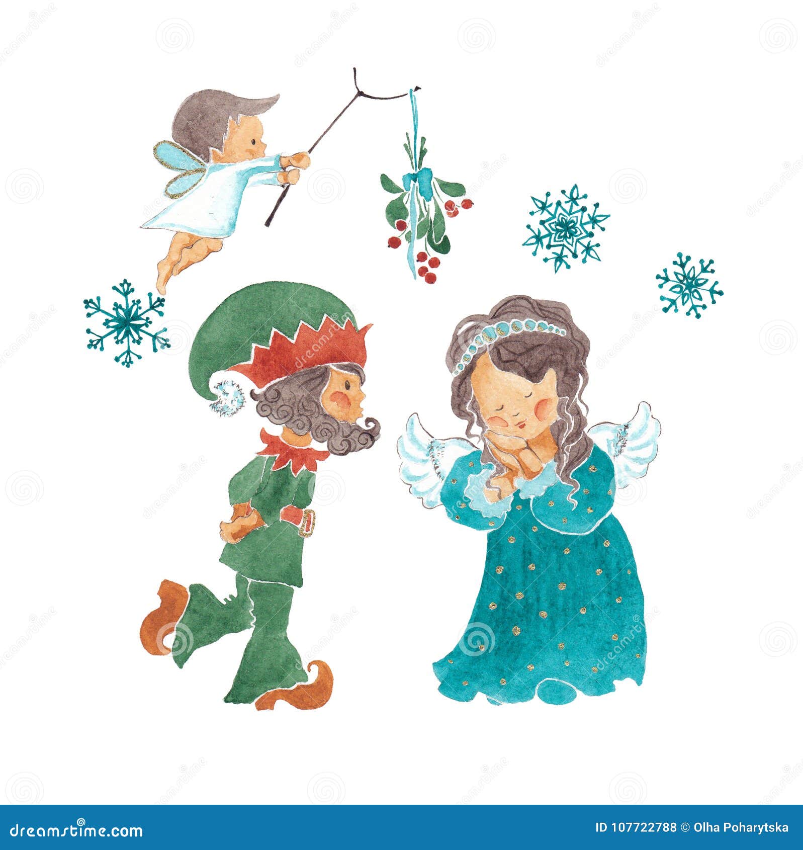Dwarf and Fairy Under the Mistletoe Stock Illustration - Illustration ...