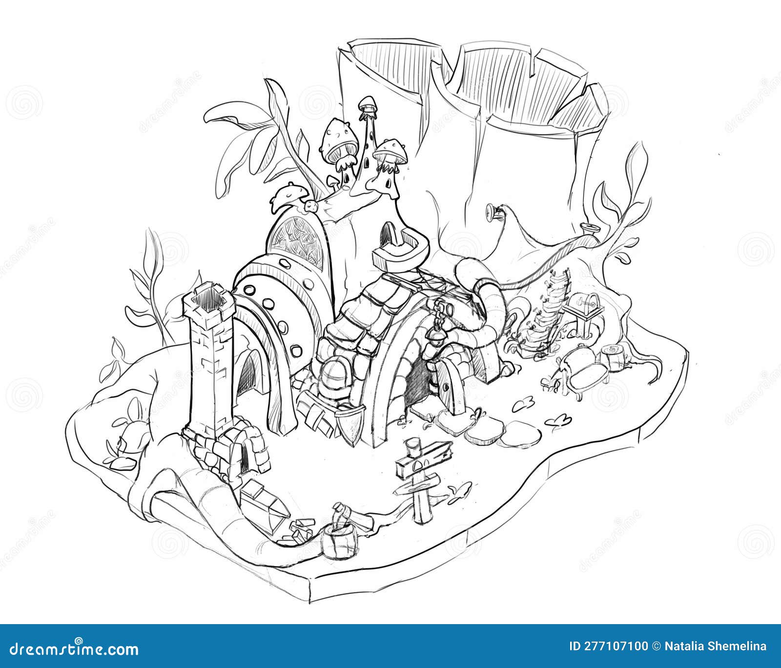 Dwarf House Sketch, Black Line White Background Stock Illustration ...