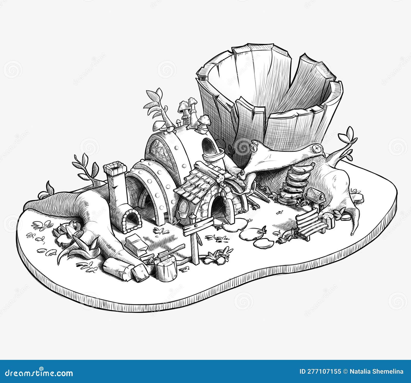 Dwarf House Sketch, Black Line White Background Stock Illustration ...