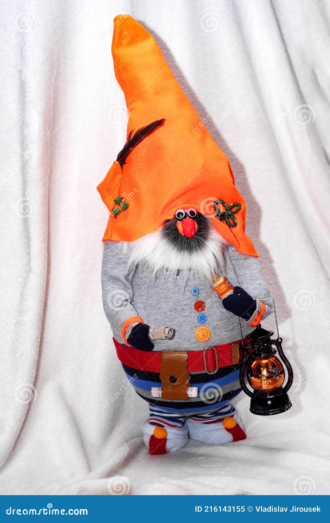 Dwarf with a Red Nose, a Big Orange Hat, a Lantern and a Belt Pouch ...