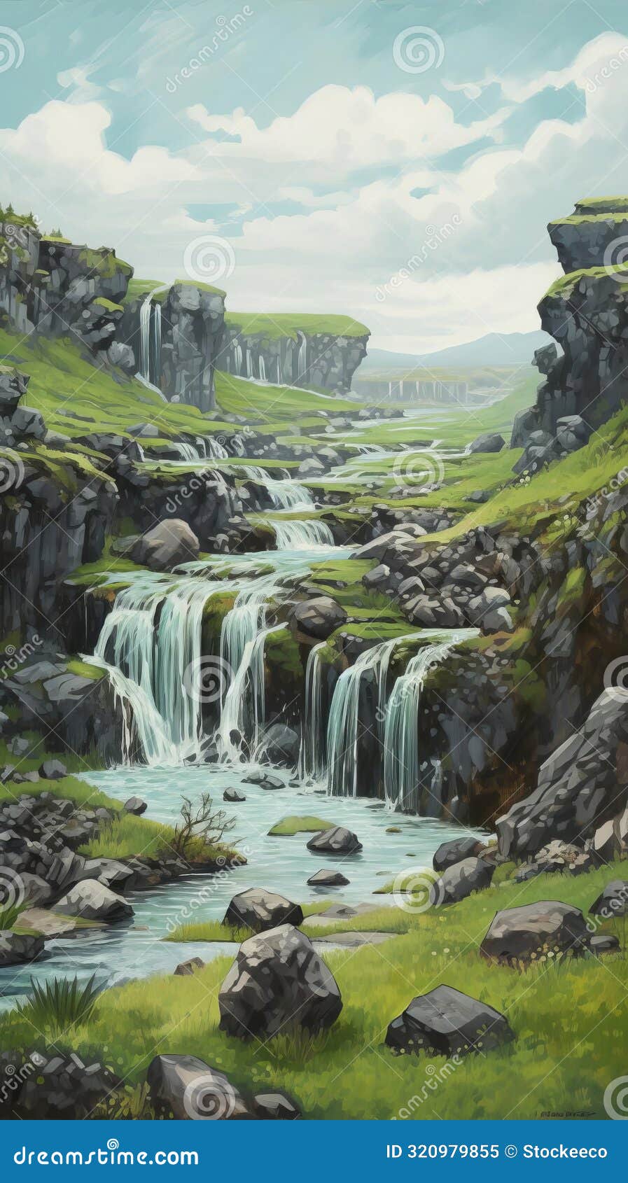 Dwarf Waterfall View in Crayon Style Stock Illustration - Illustration ...