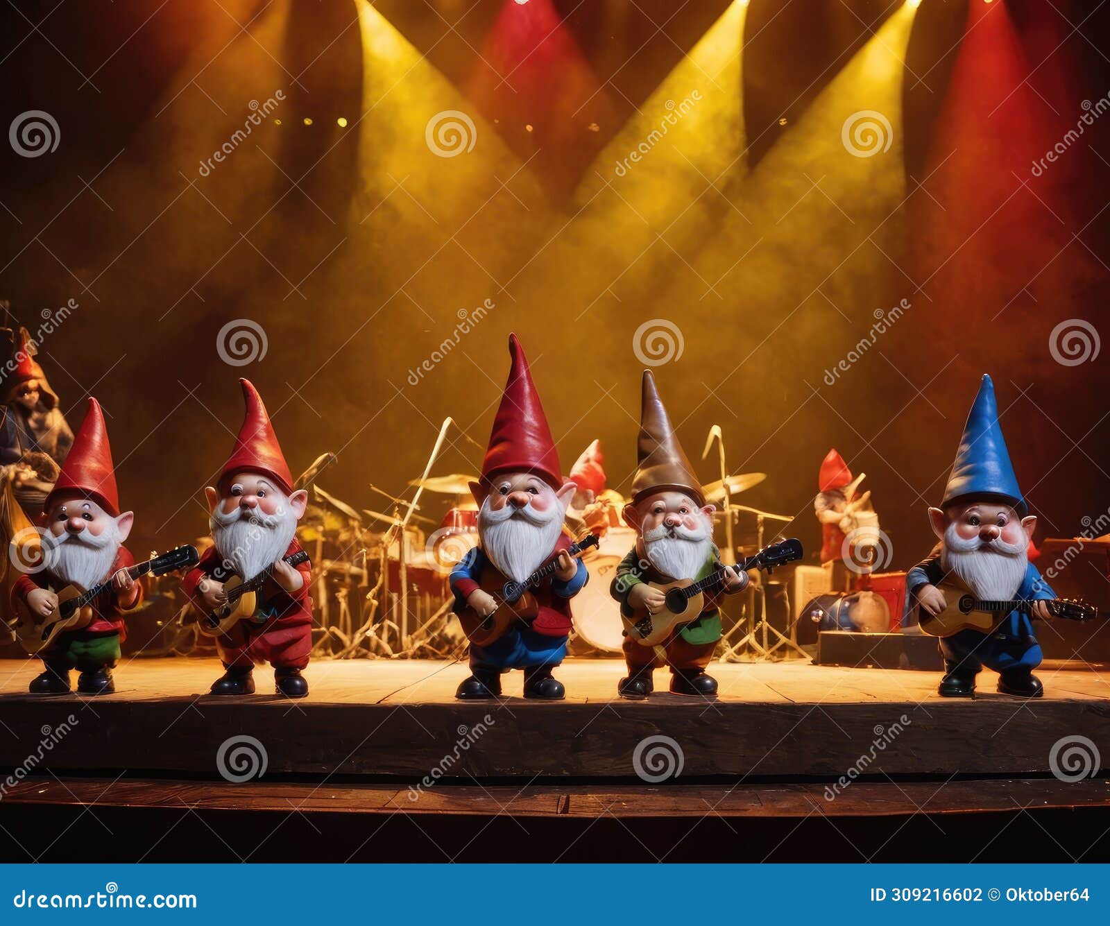 Dwarfs Perform at a Concert, Gnomes on Stage are Illuminated by Colored ...