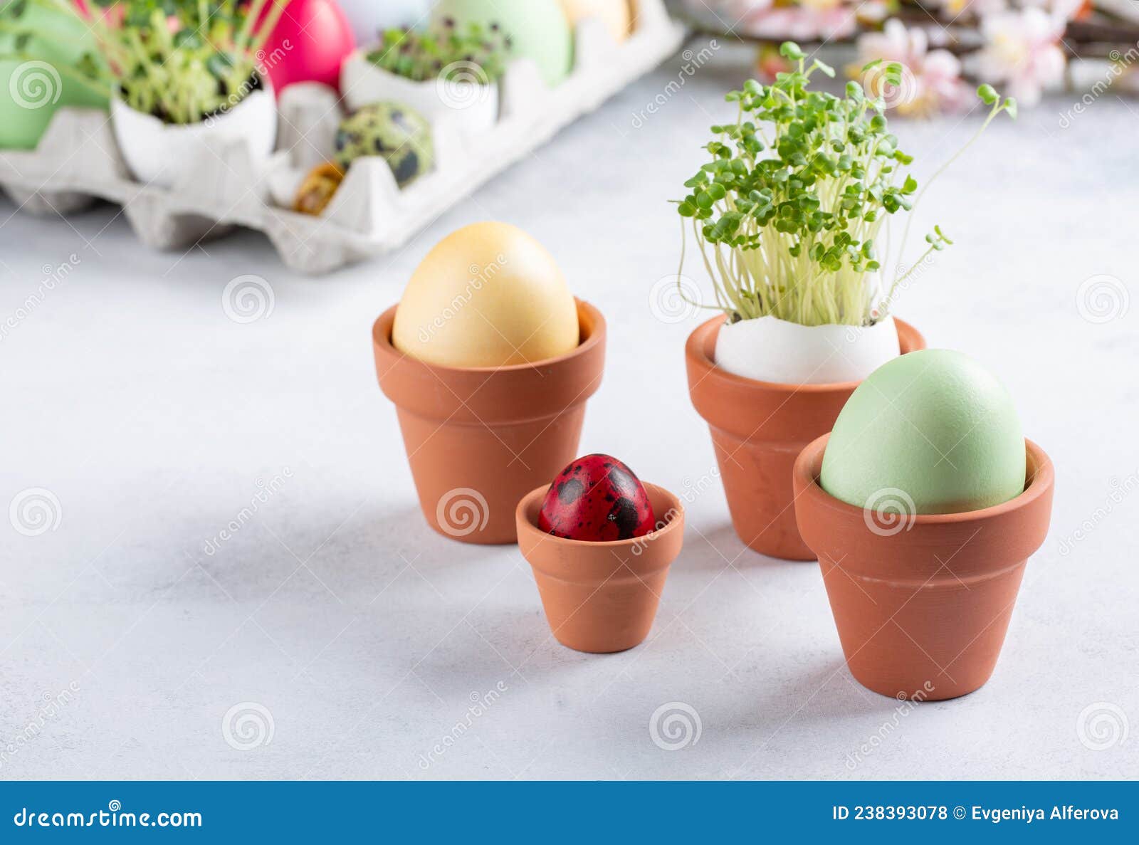 Dyed Multi-colored Eggs and Green Sprouts in Egg Shell in Small Clay ...