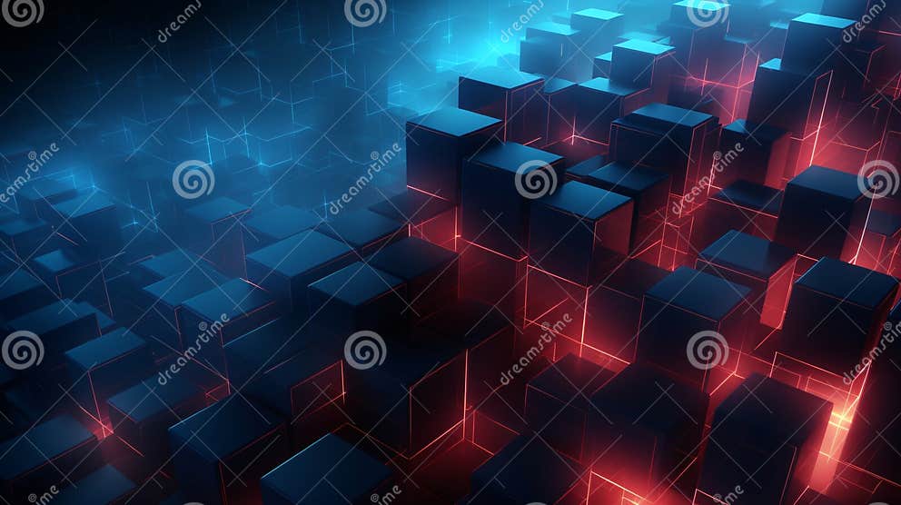 Dynamic Abstract Dark Background with Glowing Red and Blue Cube Stock ...