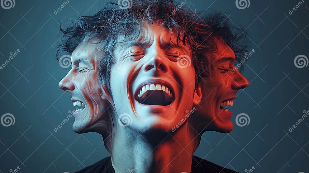 Abstract Triple-exposure Portrait of a Man Expressing Intense Emotion ...