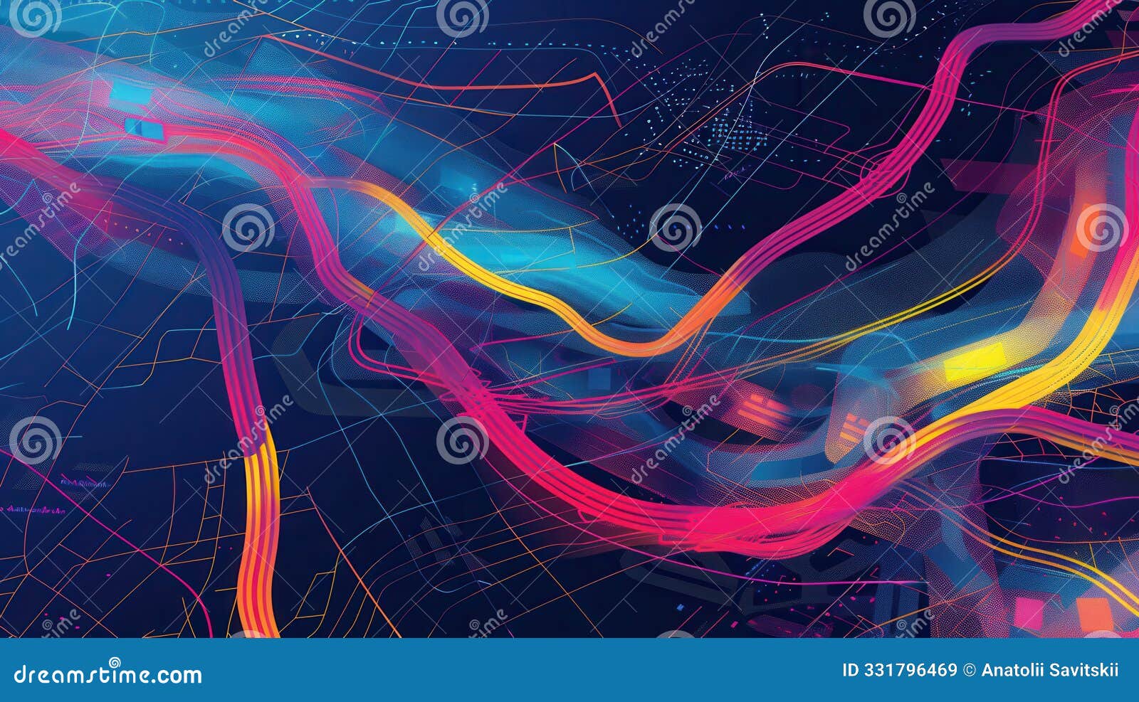 Dynamic Abstract Lines and Routes Overlay a Stylized Map, Symbolizing ...