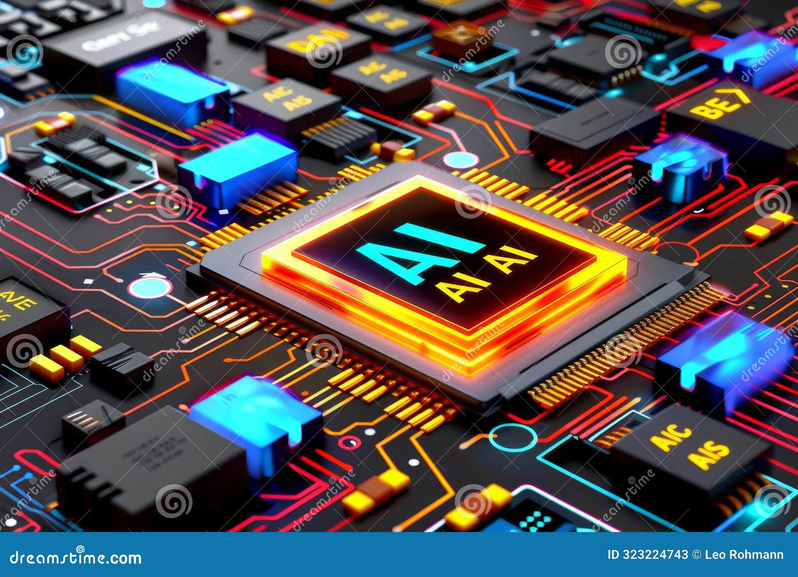 Dynamic AI Motherboard Circuit Design Featuring Vibrant Neon Aesthetics ...