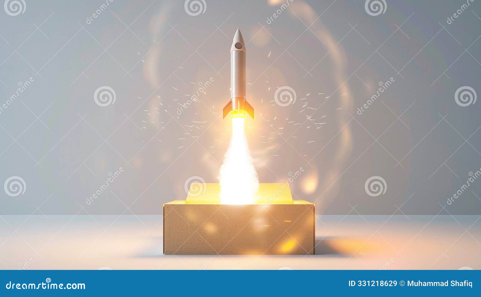 Tiny Rocket Is Taking Off From A Cardboard Box, Blue Background Royalty ...