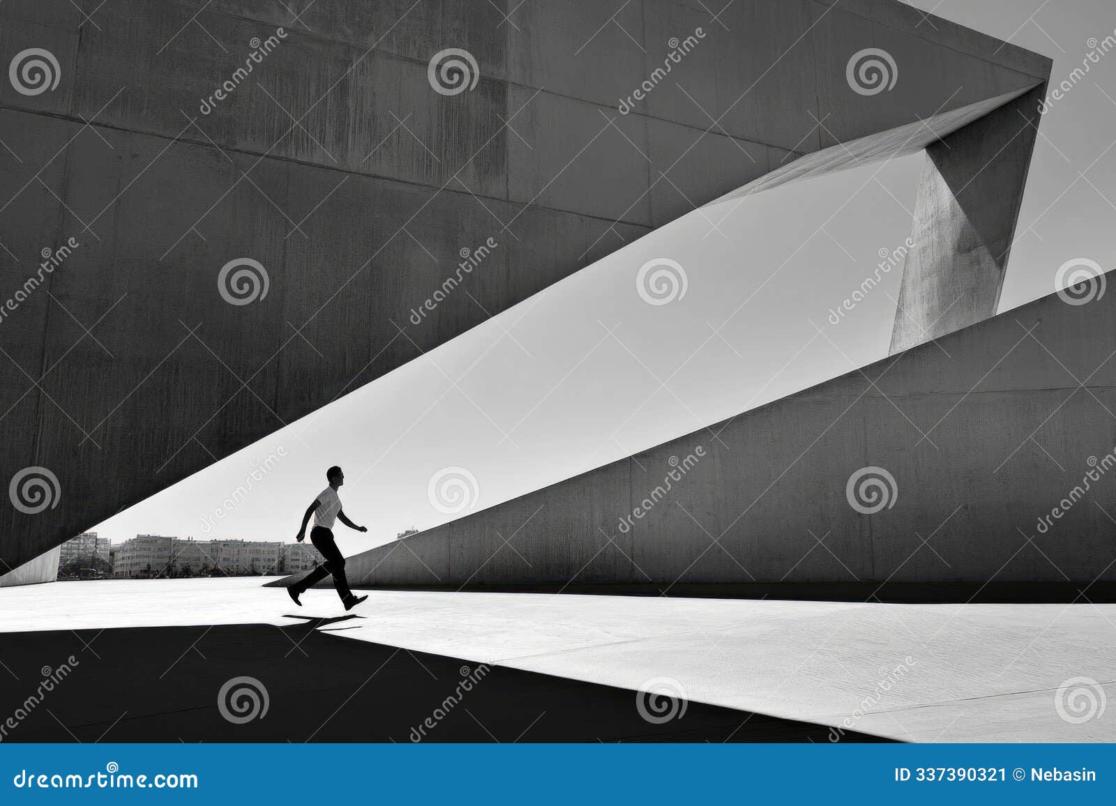 Dynamic Architecture and Silhouette of Man Walking Under Geometric ...