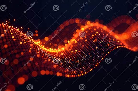 A Dynamic Array of Luminous Orange Particles Form Soft, Undulating Waves in a Dark Space. Stock ...