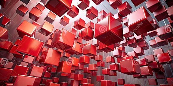 A Dynamic Array of Red Cubes Floating in a Reddish Abstract Space ...