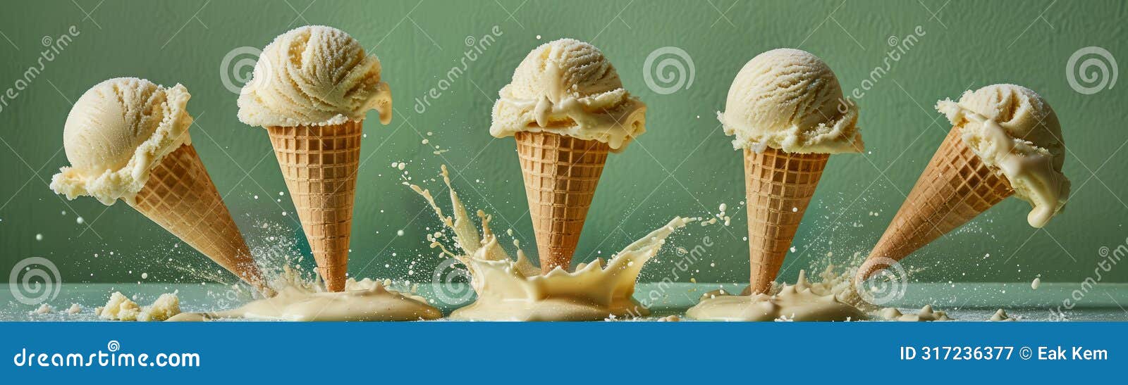 Dynamic Array of Vanilla Ice Cream Cones with Splashing Milk on a Green ...