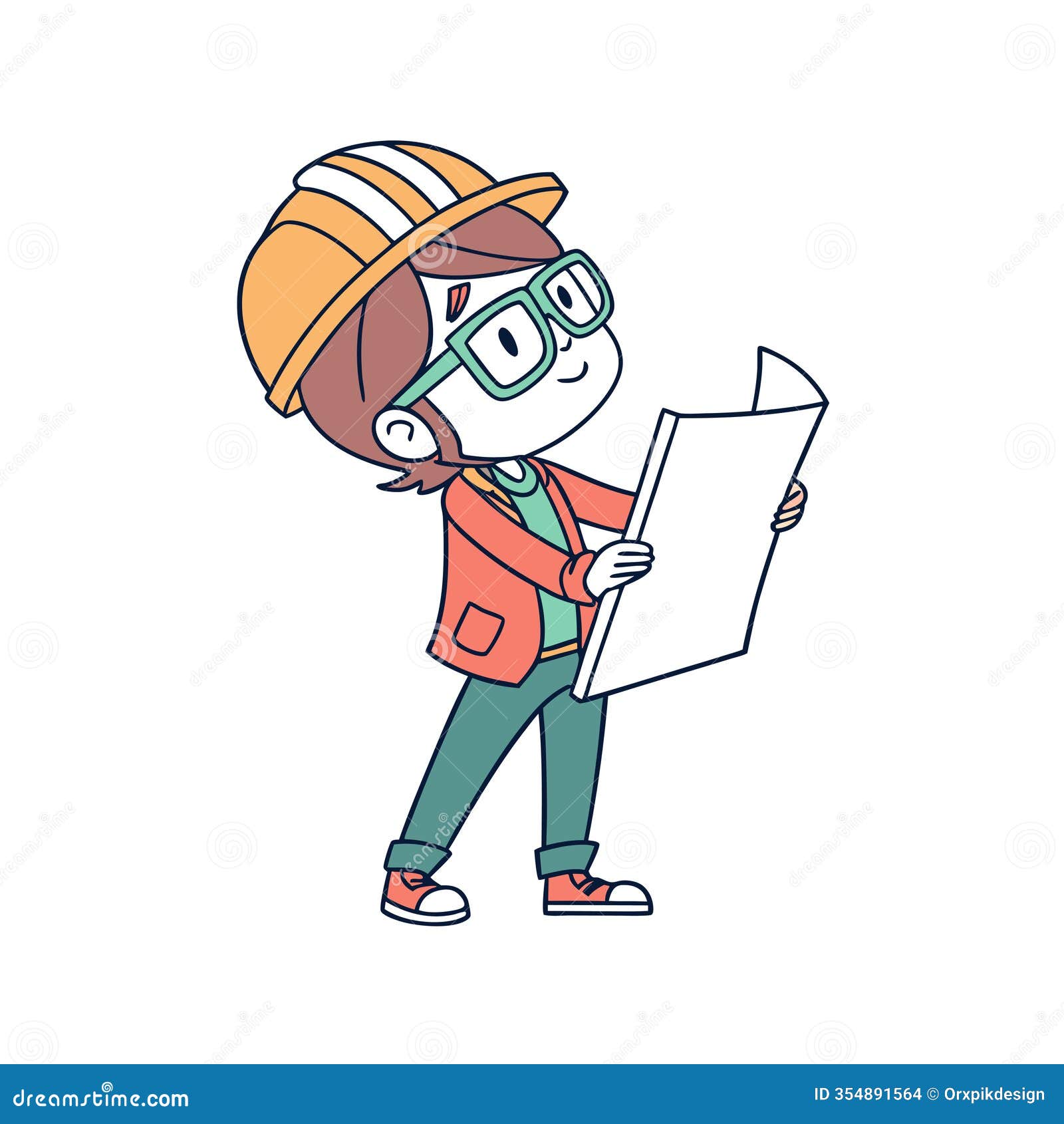 Cartoon Architect With Blueprint And Hard Hat Waving, Vector ...
