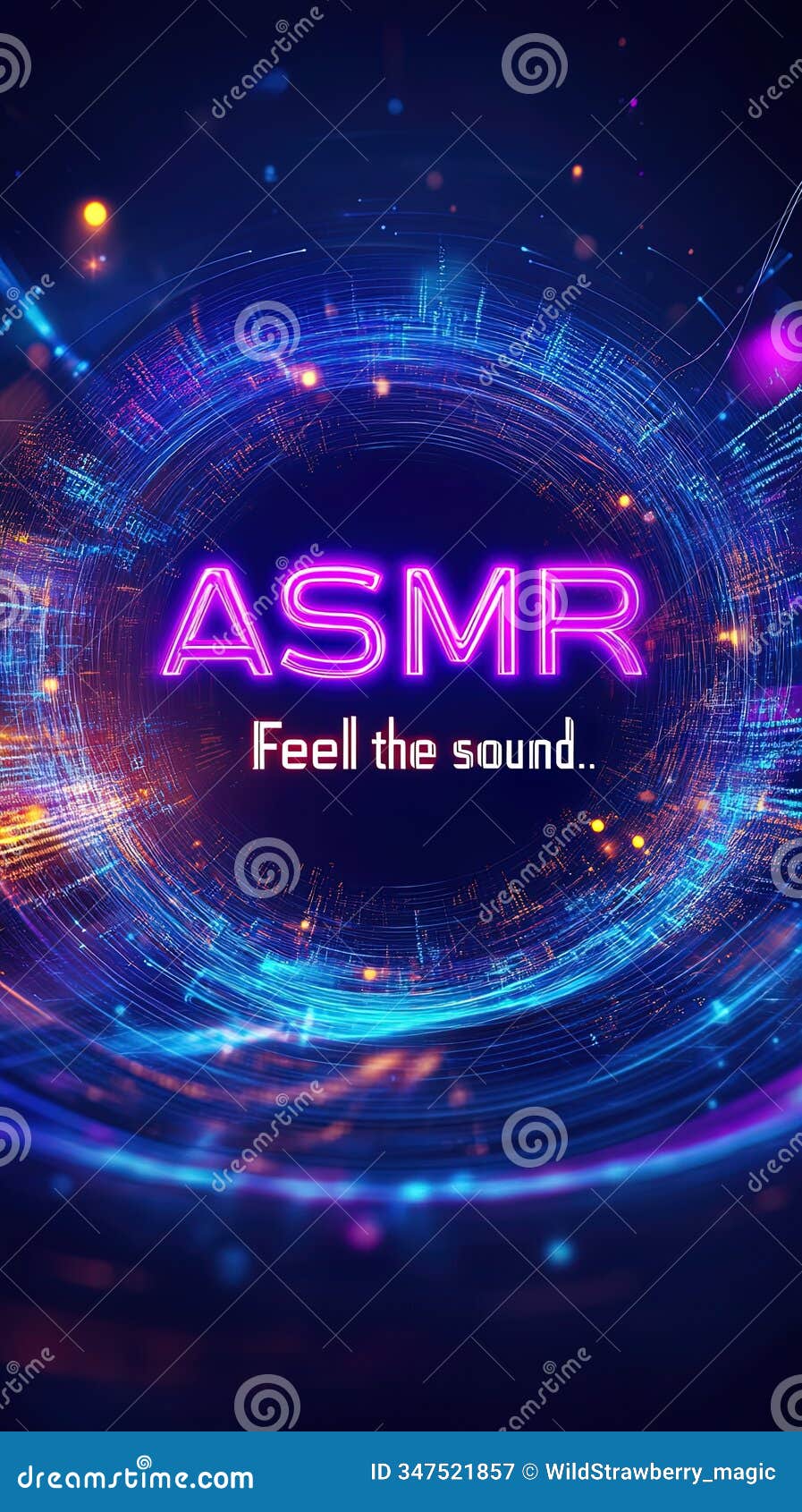 A Dynamic ASMR-themed Design with Swirling Neon Lights, Musical Notes ...