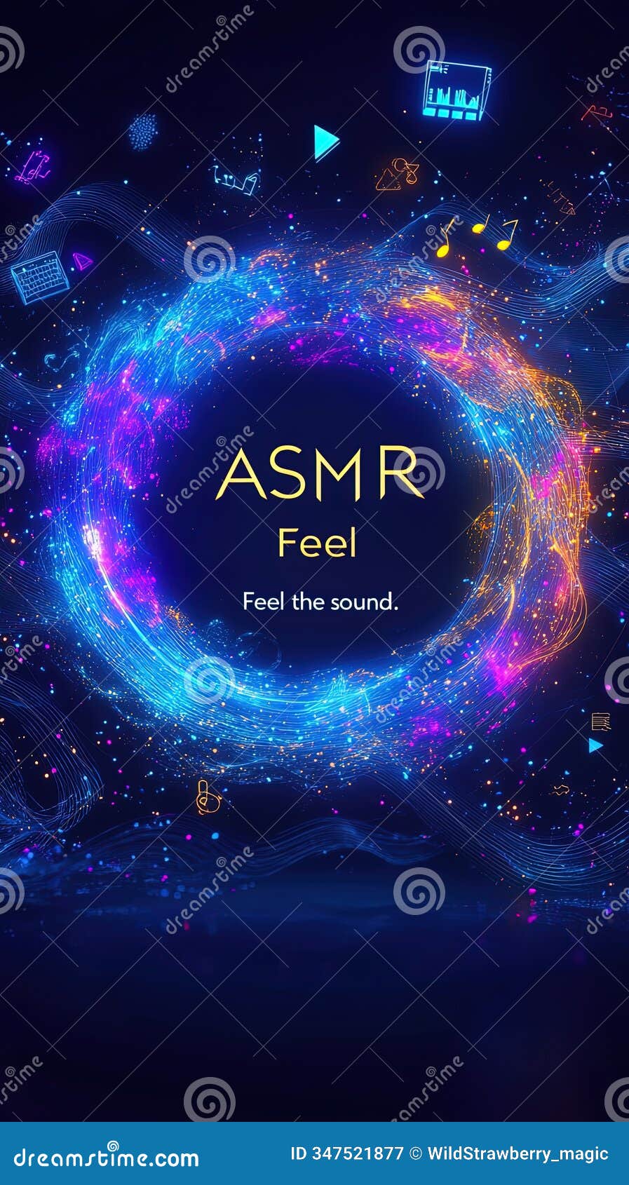 A Dynamic ASMR-themed Design with Swirling Neon Lights, Musical Notes ...