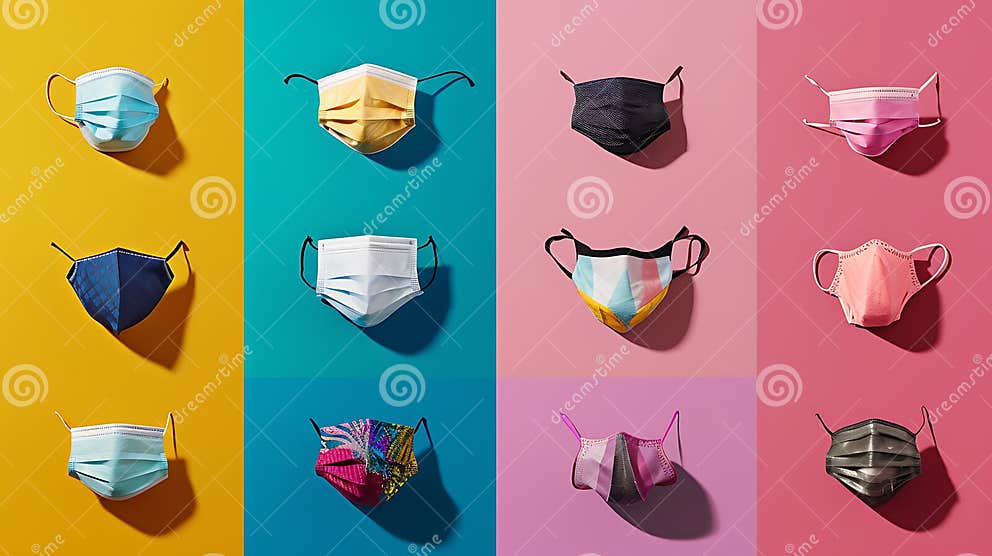 A Vibrant Collection of Face Masks on a Solid Color Background Stock ...