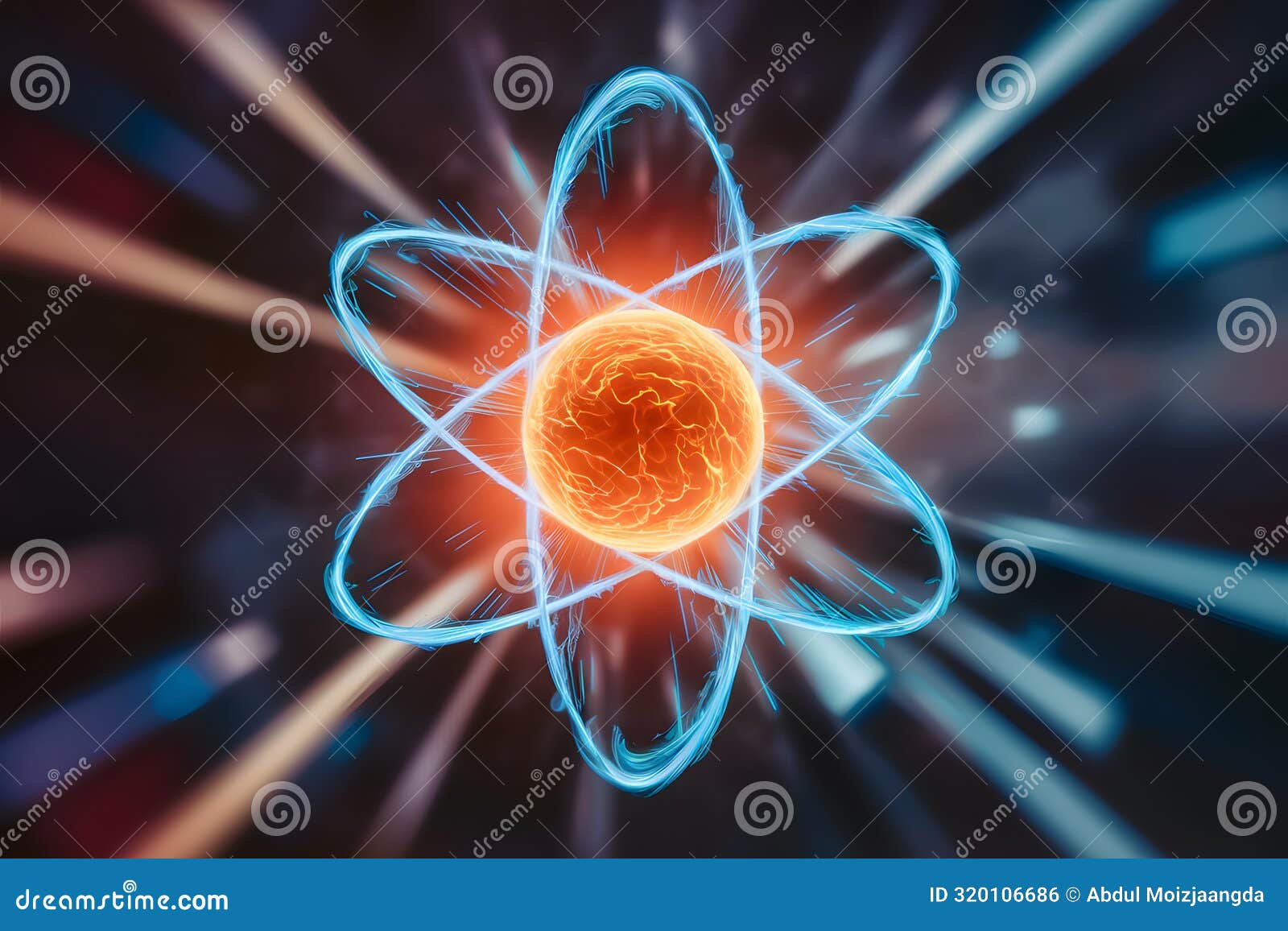 Dynamic Atomic Structure Pulsating In Orange And Blue Against Blurred Backdrop Stock