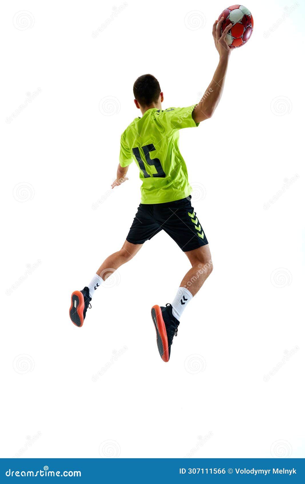 Dynamic Back View Image of Young Guy in Uniform Handball Playing in ...