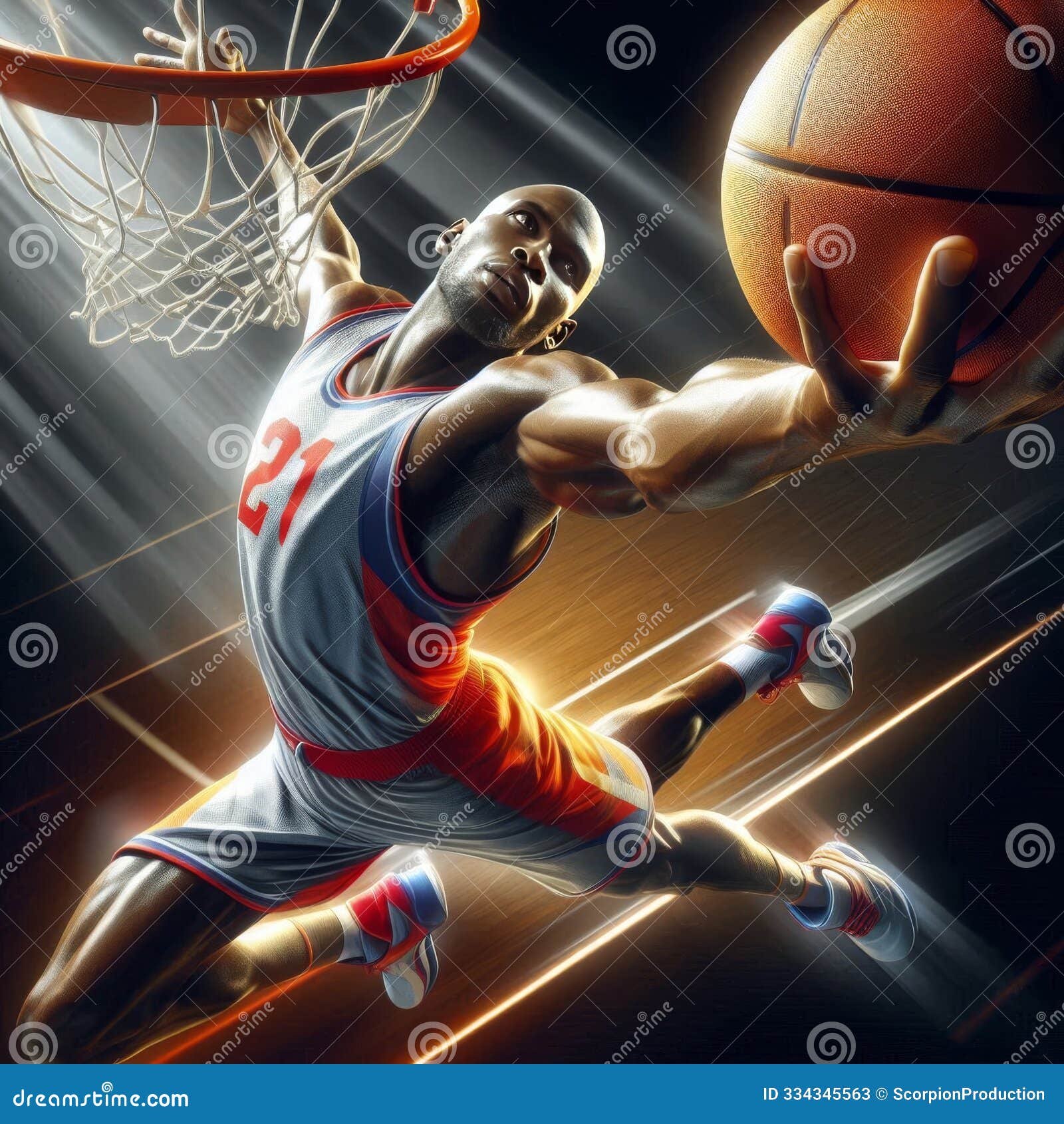 Dynamic Basketball Player Mid-air Dunking in Dramatic Lighting Stock ...