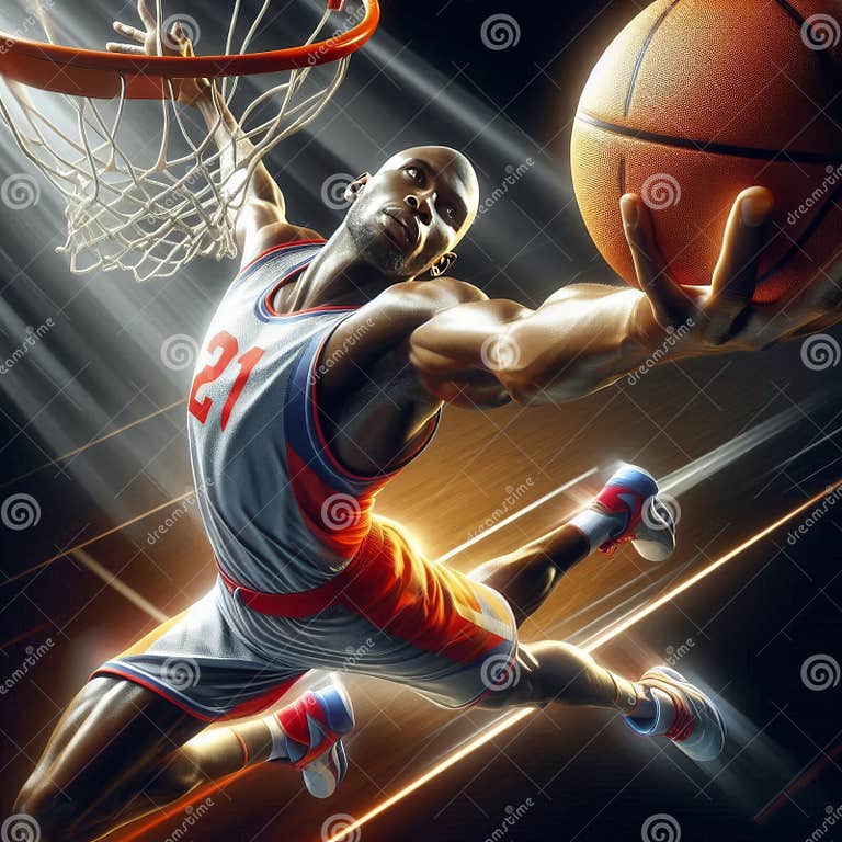 Dynamic Basketball Player Mid-air Dunking in Dramatic Lighting Stock ...