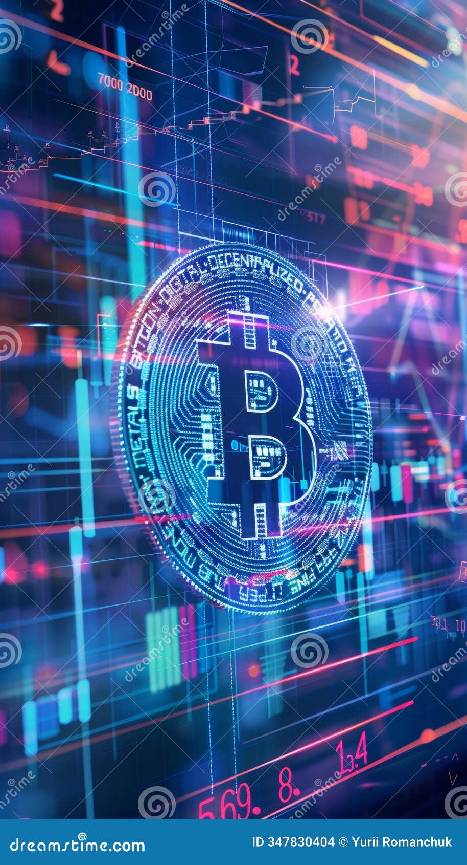 Dynamic Bitcoin Logo Surrounded by Stock Market Charts on a Dark Blue ...