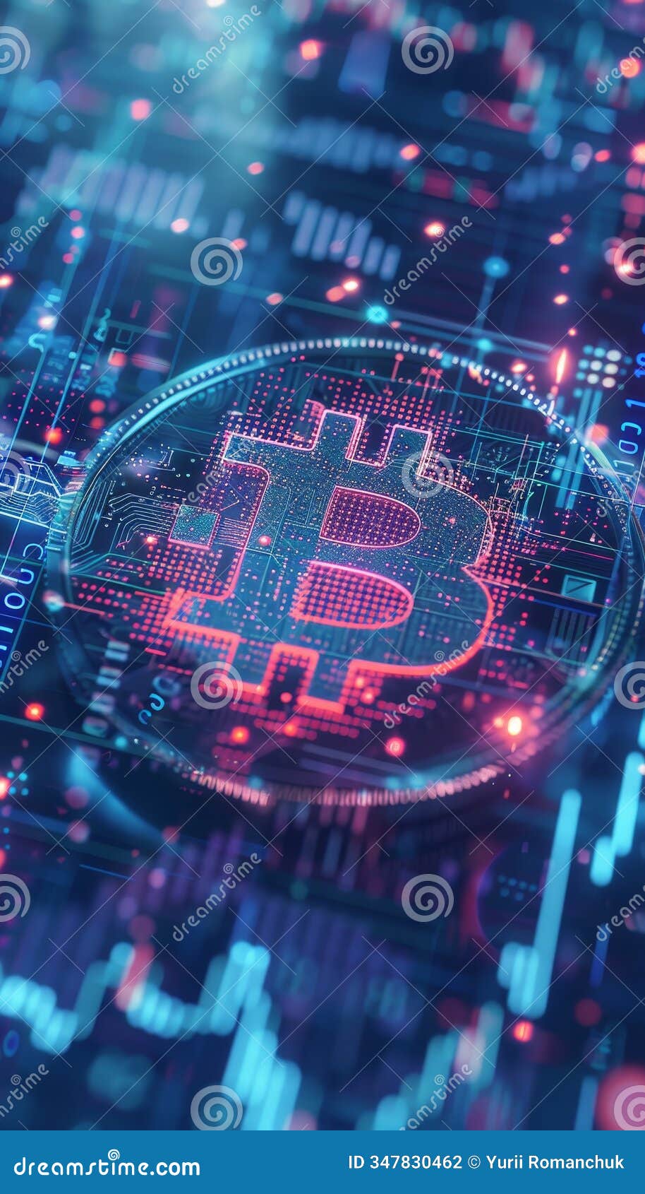 Dynamic Bitcoin Logo Surrounded by Stock Market Charts on a Dark Blue ...