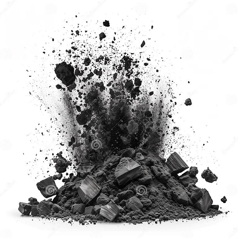 Dynamic Black Rock Explosion with Debris on White Background Stock ...